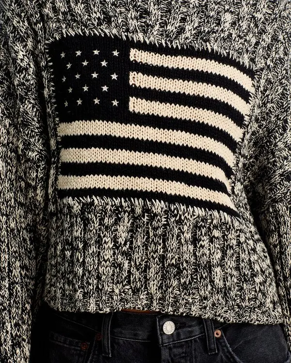 極美品  Jeans Crop Fuzzy Flag Sweater DENIMIST - Oversized Cropped American Flag Sweater | Plush